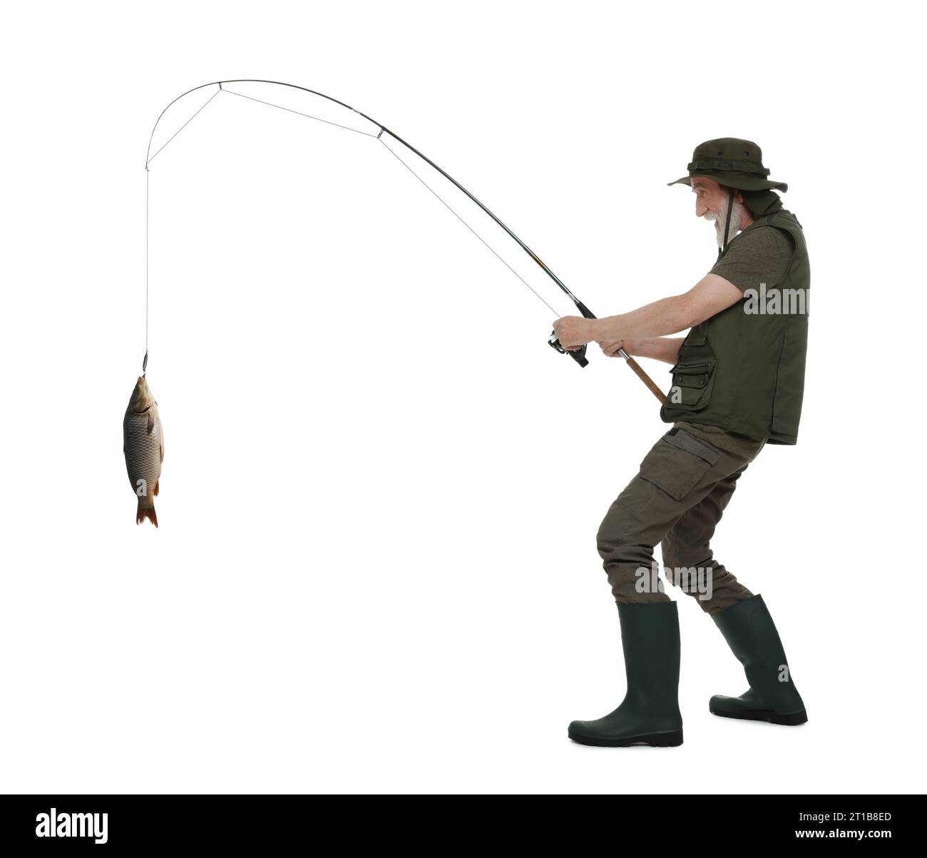 Fisherman catching fish with rod on white background Stock Photo - Alamy