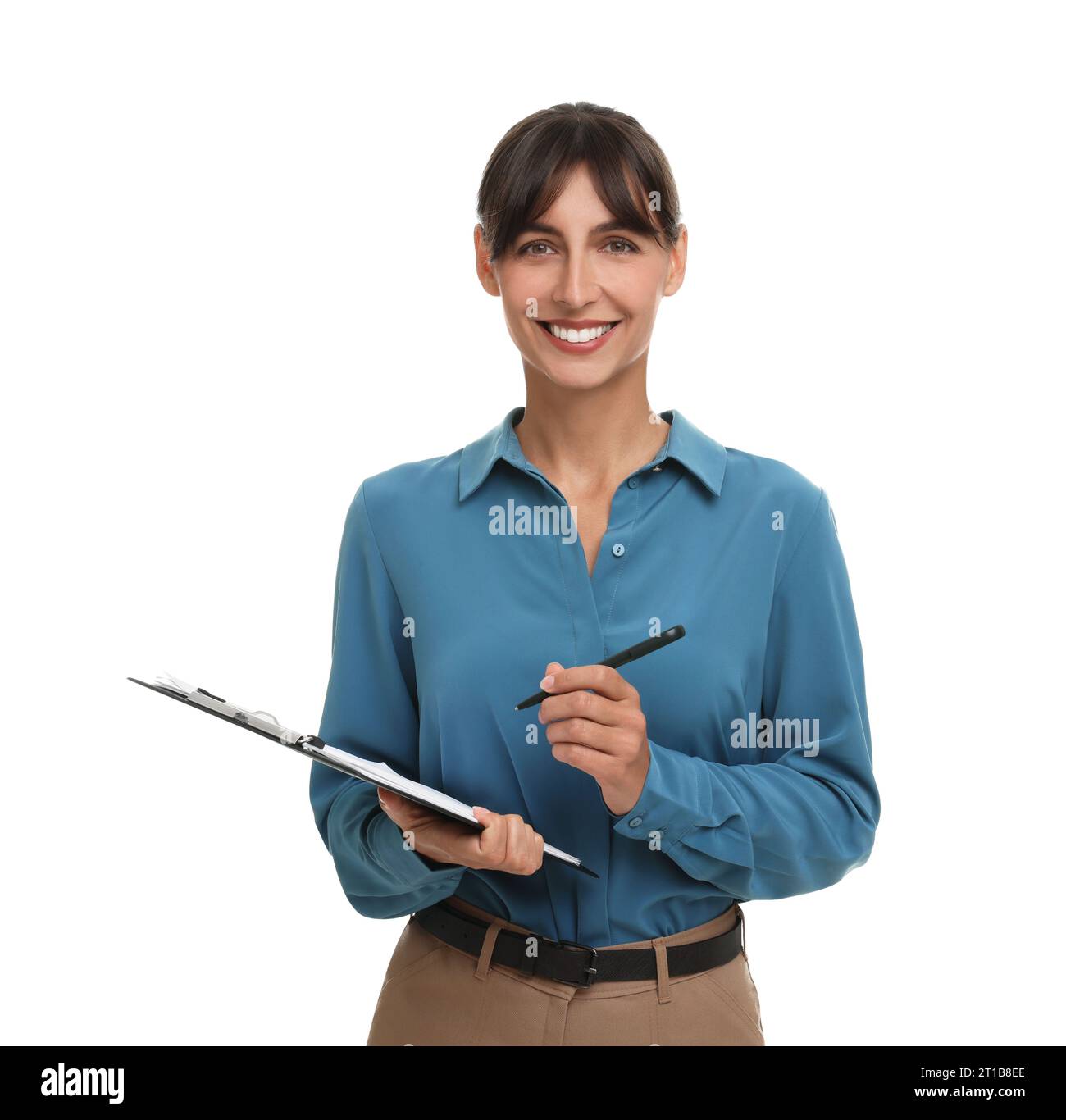 Happy secretary with clipboard and pen on white background Stock Photo ...