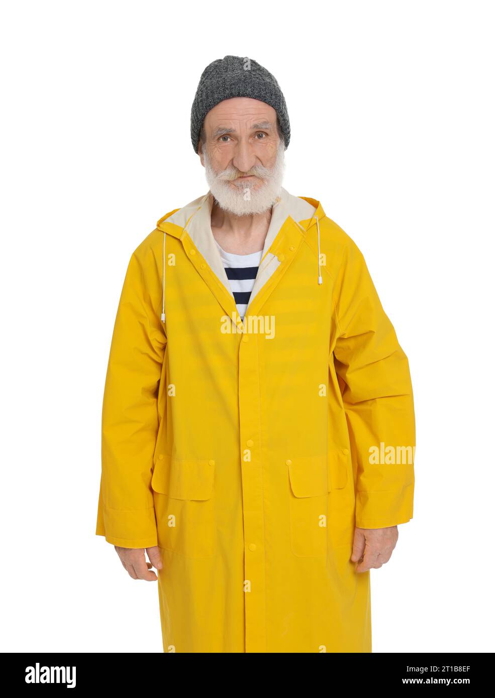 Fisherman in yellow raincoat isolated on white Stock Photo - Alamy