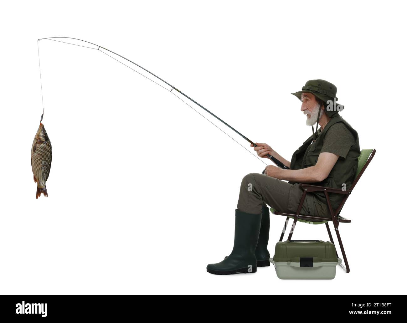 Fisherman catching fish with rod on white background Stock Photo - Alamy