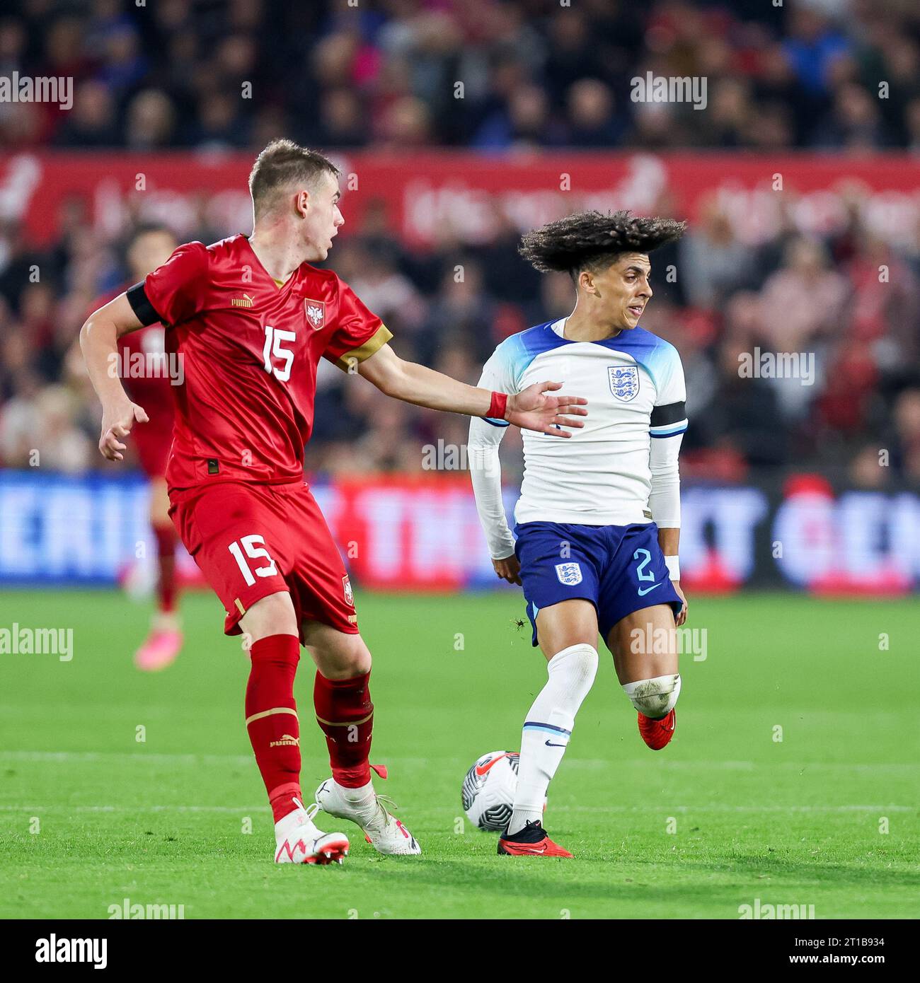 Nottingham, UK. 12th Oct, 2023. Serbia's Luka Subotic & England's ...