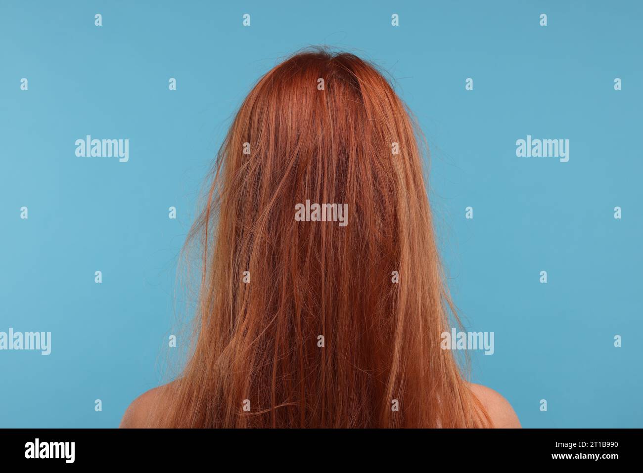 Woman with damaged messy hair on light blue background, back view Stock ...