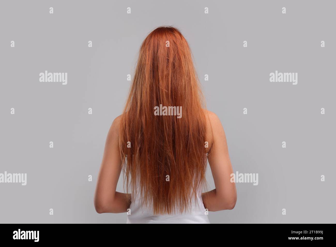 Woman with damaged messy hair on light grey background, back view Stock ...