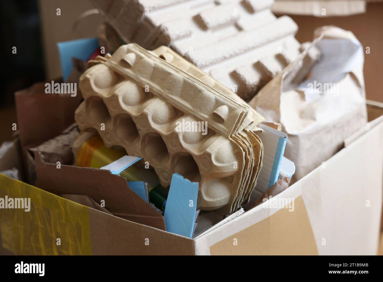 Reuse concept. Different trash in cardboard box for recycling, closeup ...