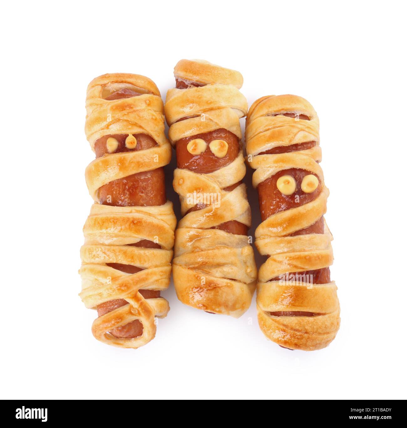Cute sausage mummies isolated on white, top view. Halloween party food ...
