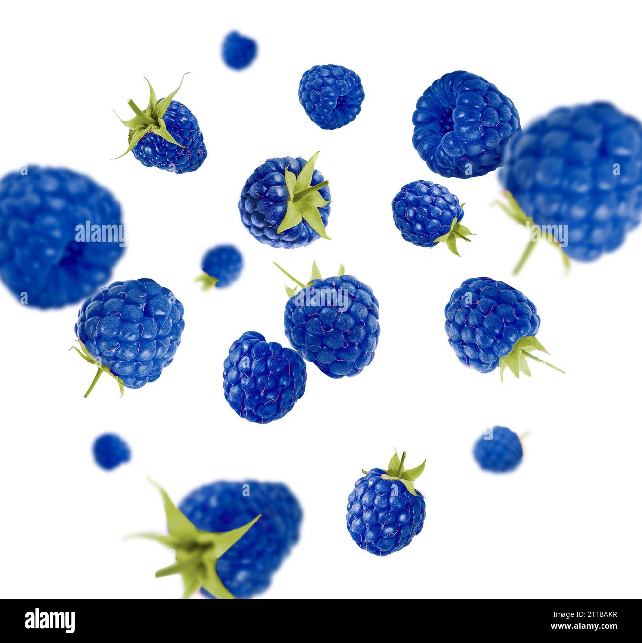 Many fresh blue raspberries falling on white background Stock Photo - Alamy