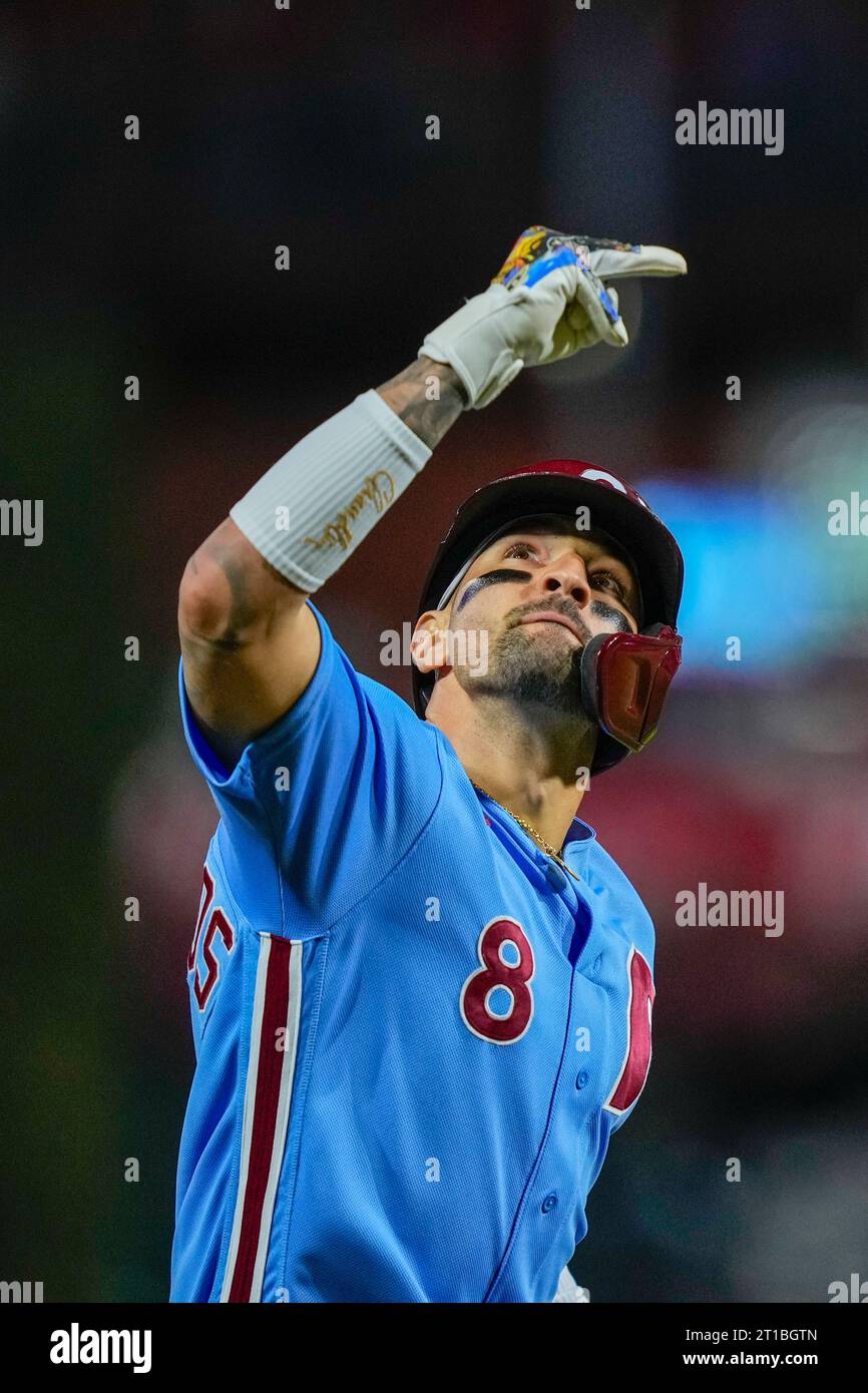 Philadelphia Phillies' Nick Castellanos reacts after hitting a home run ...