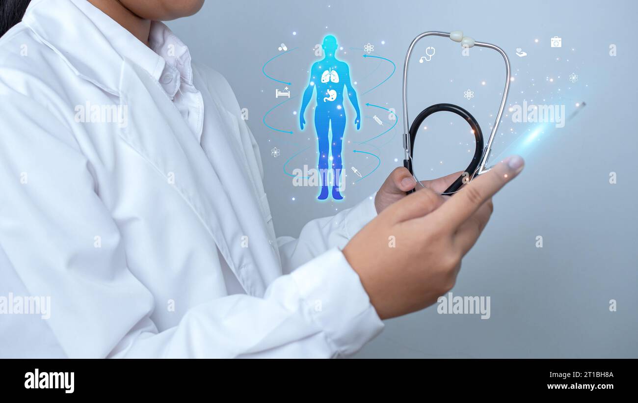 Doctor is using show screen for medical diagnostic analysis on modern ...