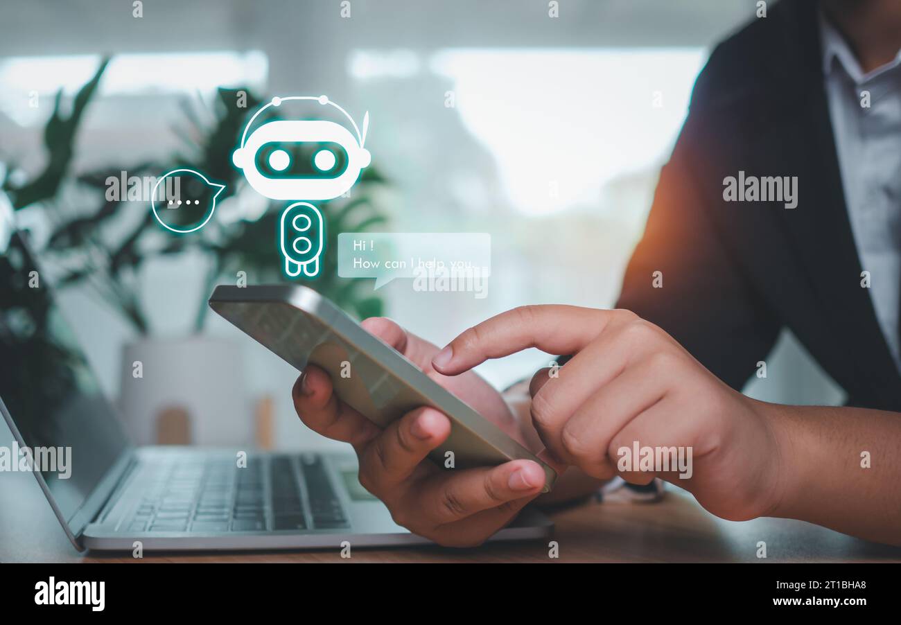 Businessman hand use show a smartphone to type live chat, ask, answer ...