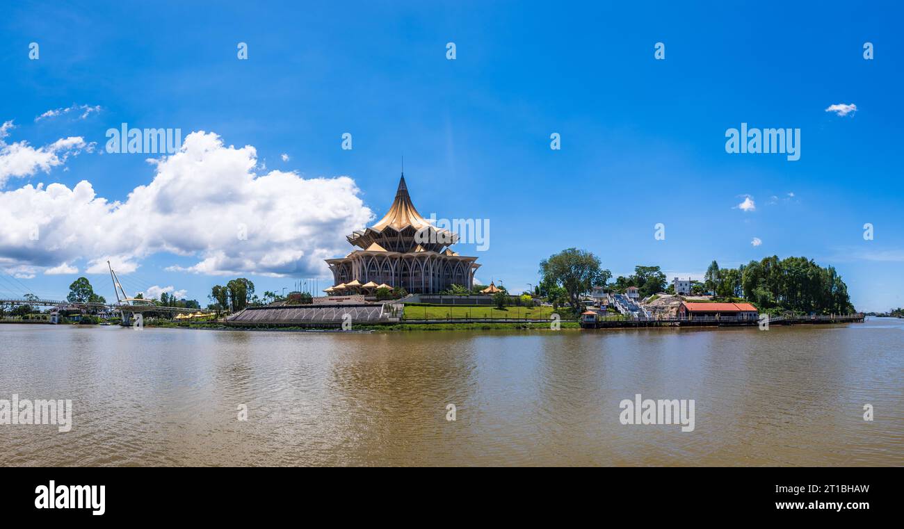 Kuching city waterfront panorama cityscape with river and landmarks in ...