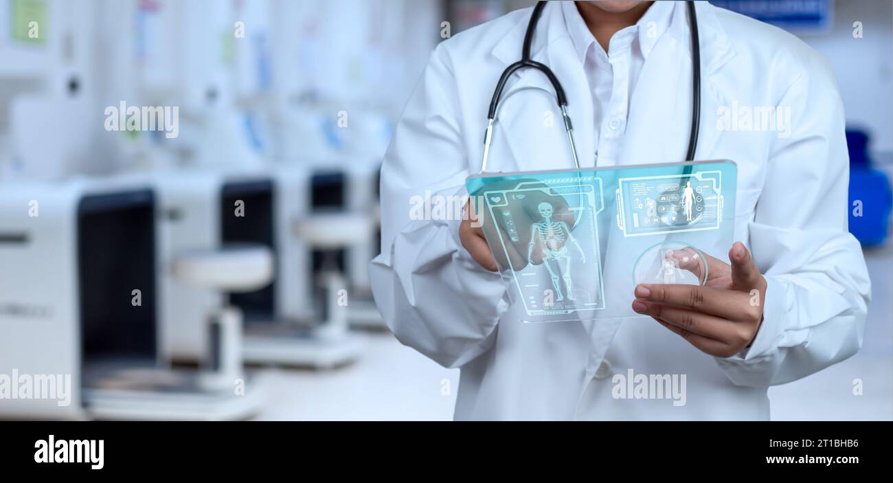 Doctor is using finger of touching screen for medical diagnostic ...