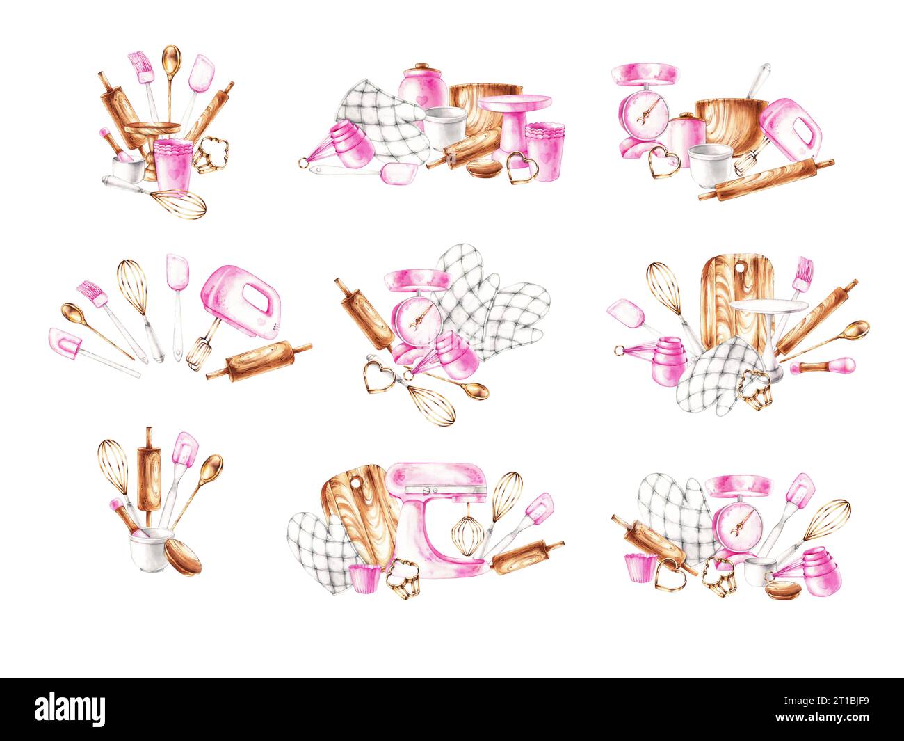 Watercolor set composition of baking tools isolated on a white. Pink ...