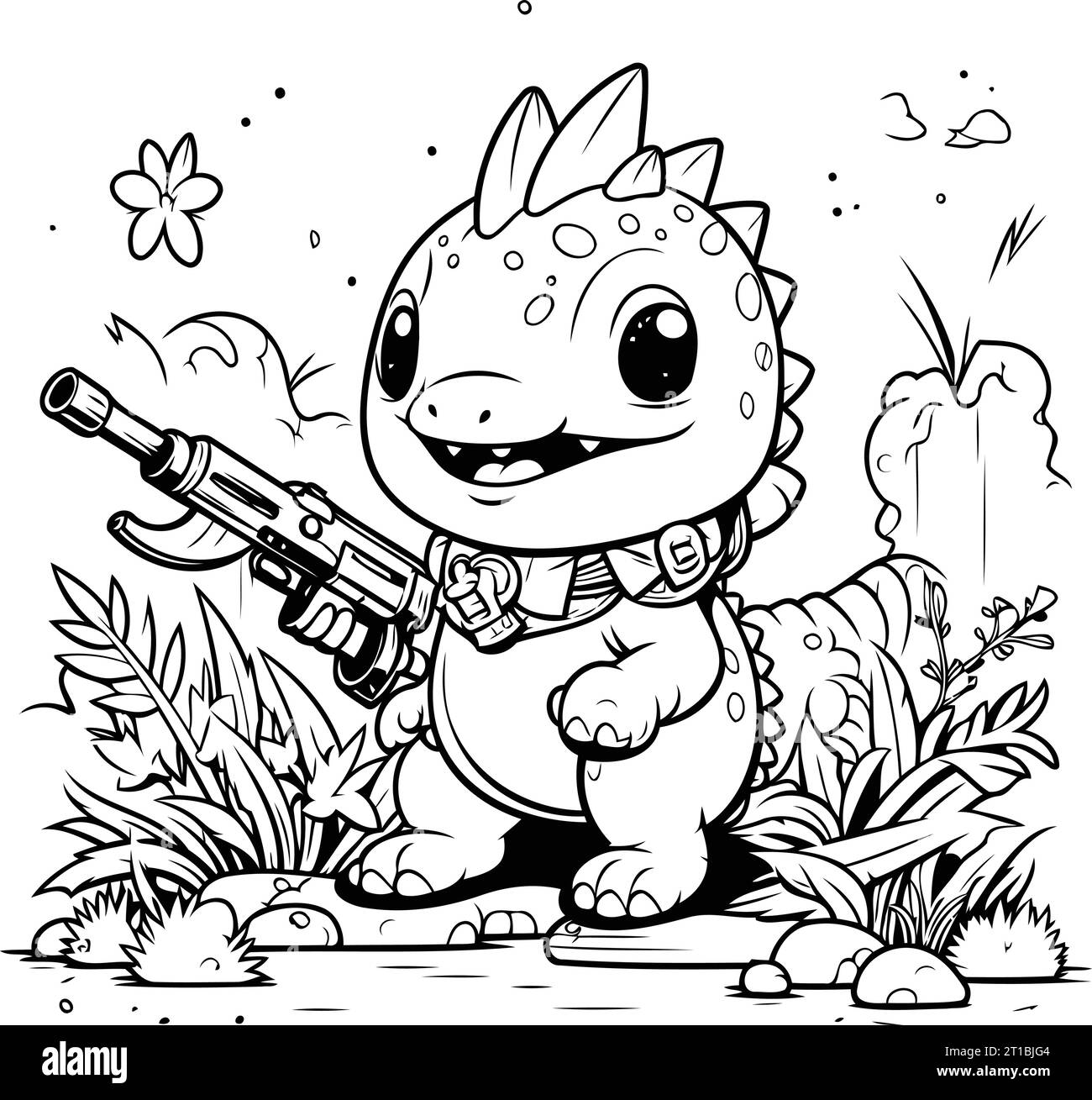Cartoon dinosaur with a gun. Vector illustration for coloring book ...