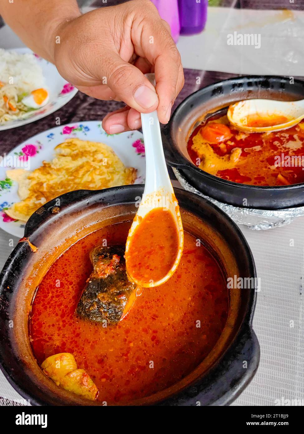 Close up of Malaysian Dish Asam Pedas. Fish cooked in spicy gravy, a ...