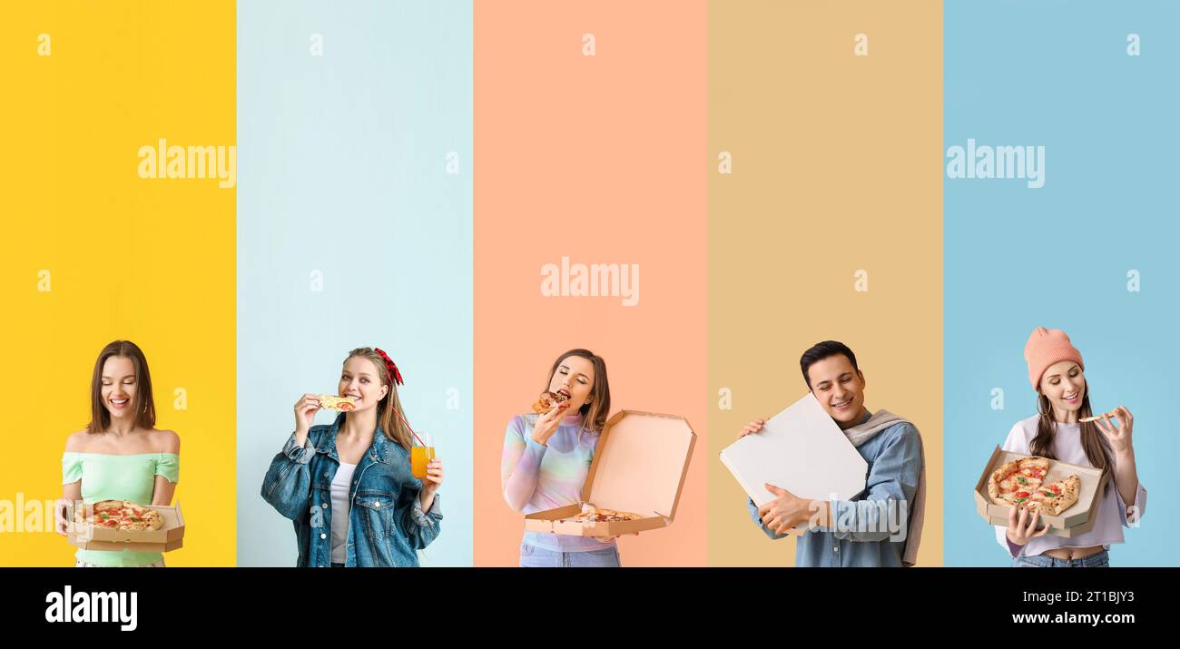 Set of people with tasty pizzas on colorful background Stock Photo - Alamy