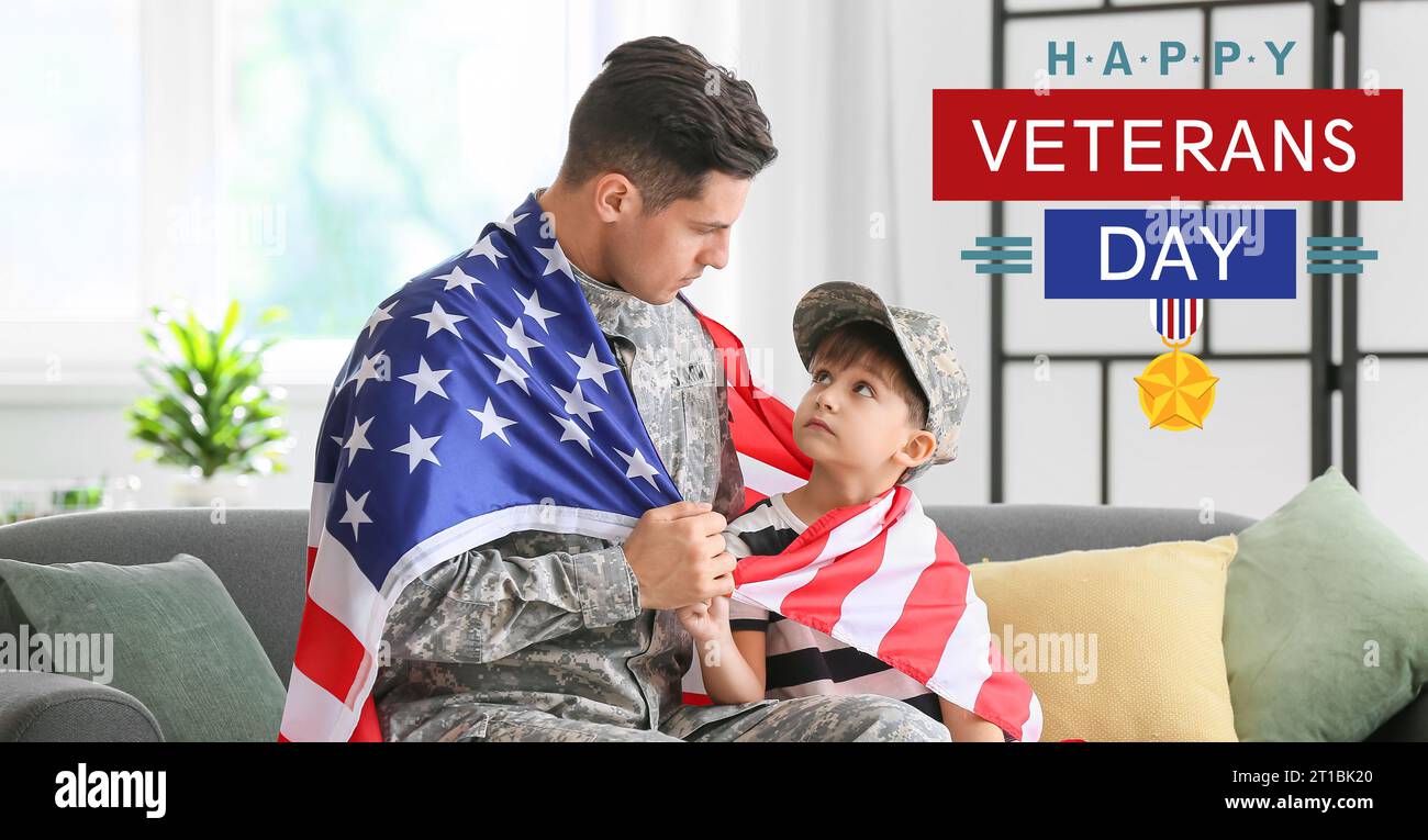 Banner for American Veterans Day with male soldier and his little son ...