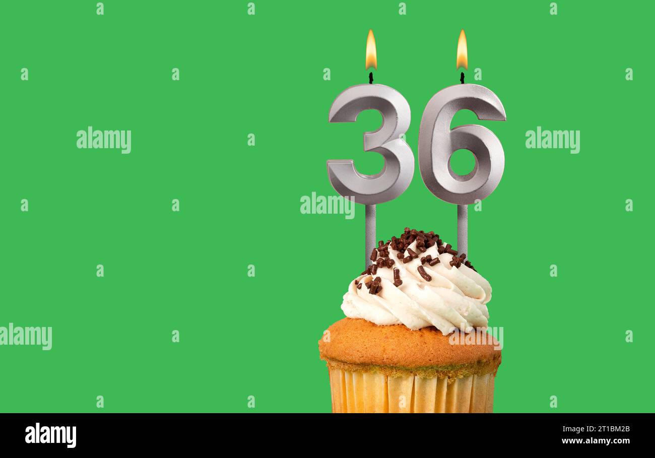 Birthday with number 36 candle and cupcake - Anniversary card on green ...