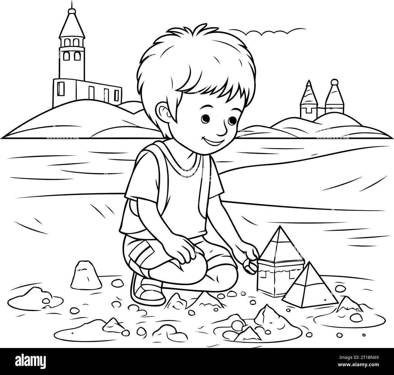 Boy playing with sand and stones in the park. coloring book for ...