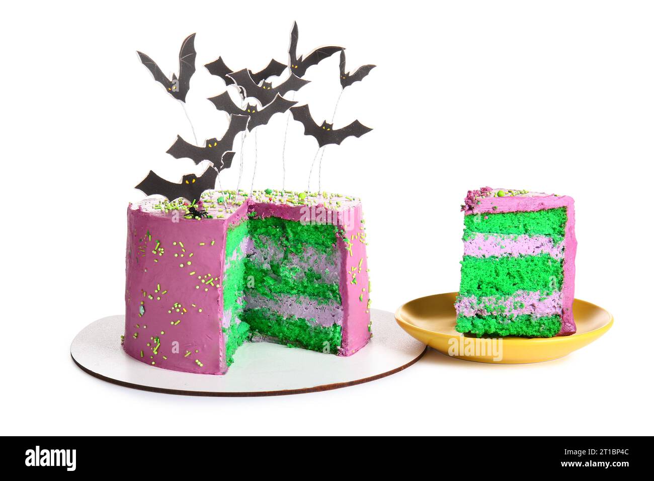 Tasty Halloween cake with bats isolated on white background Stock Photo ...