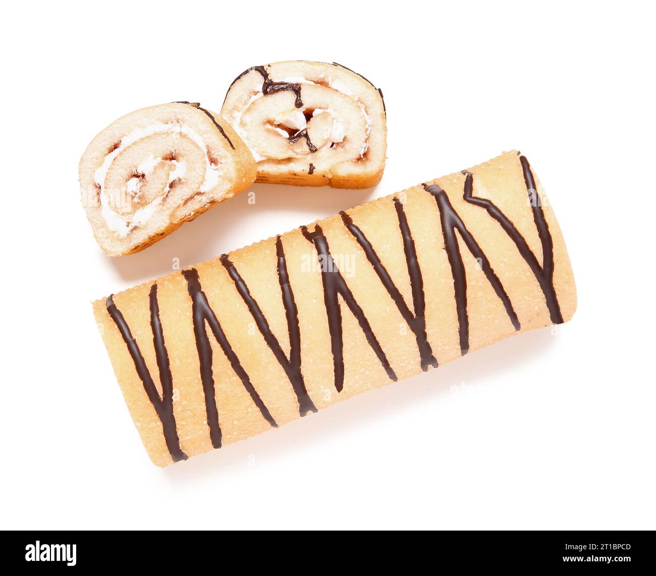 Sweet sponge cake roll and cut pieces on white background Stock Photo ...