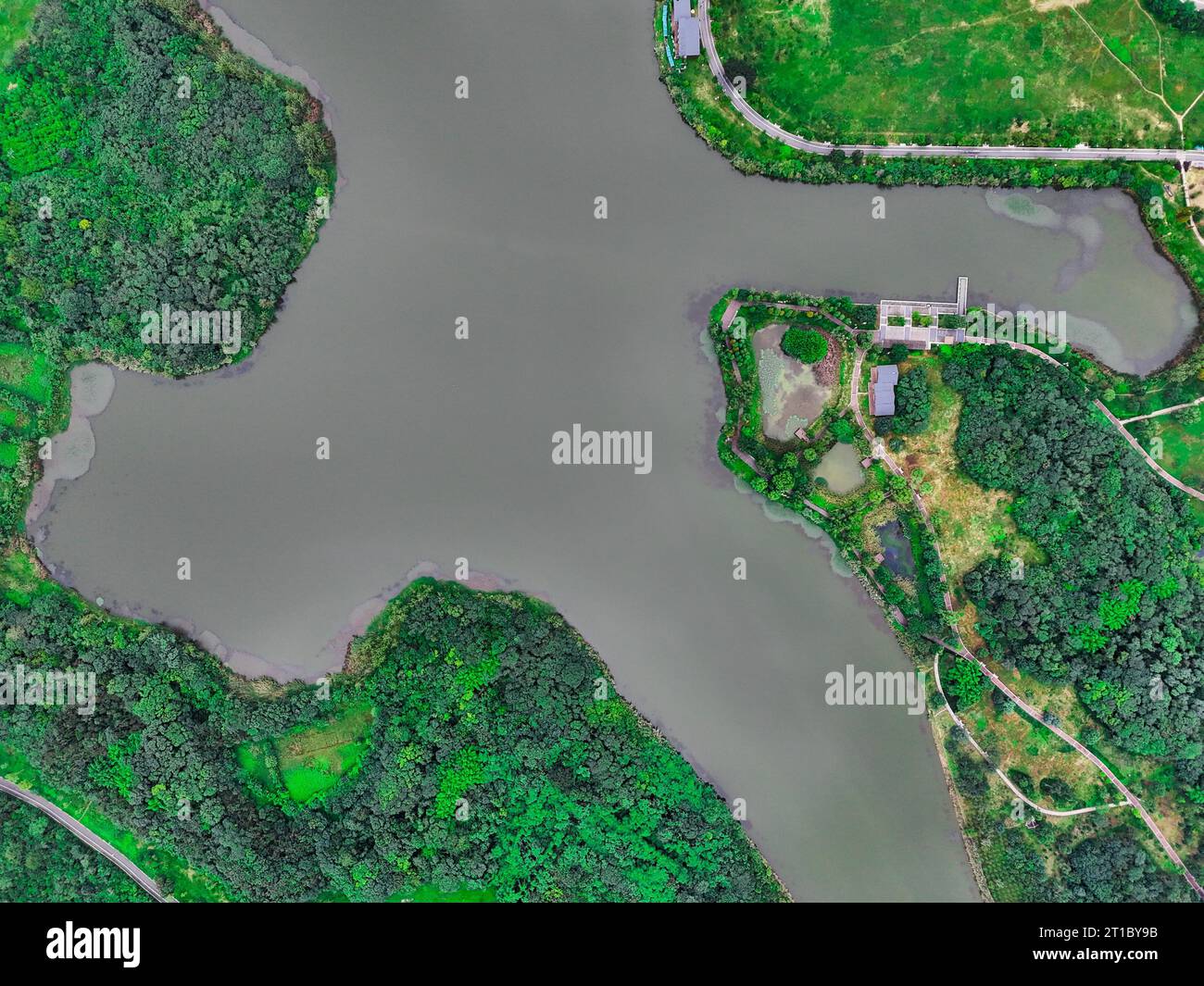 Aerial photo shows the Qinglong Lake Wetland Park in Chengdu City ...