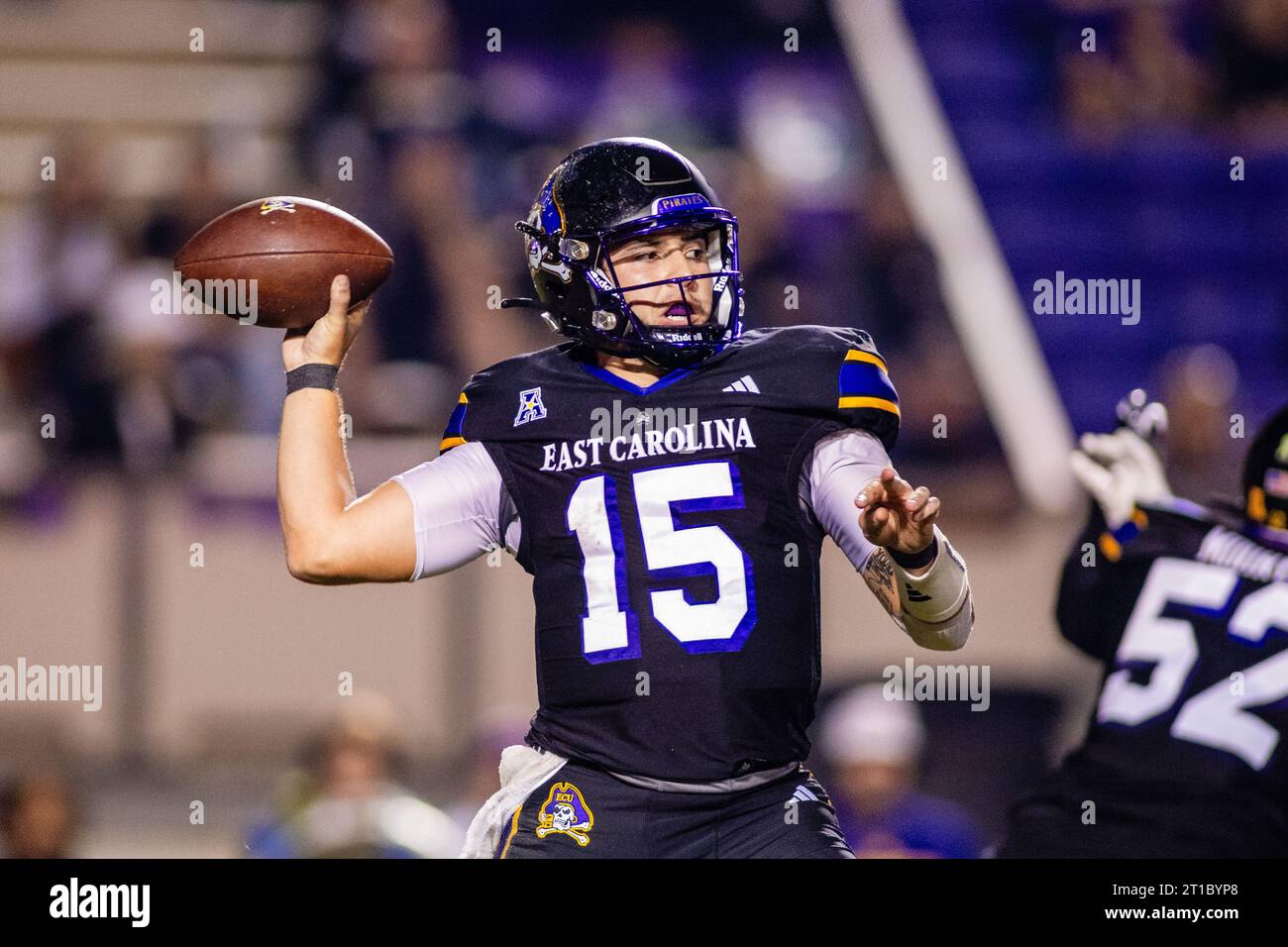 Greenville, NC, USA. 12th Oct, 2023. East Carolina Pirates quarterback ...