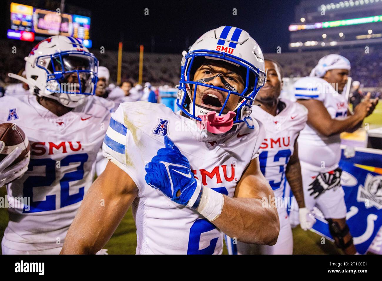 Greenville, NC, USA. 12th Oct, 2023. Southern Methodist Mustangs safety ...