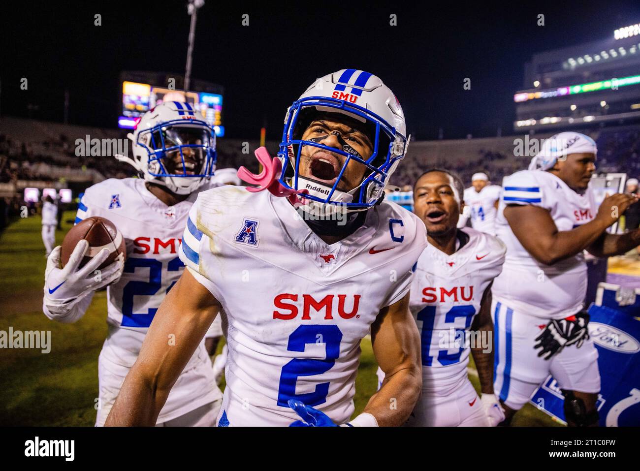 Greenville, NC, USA. 12th Oct, 2023. Southern Methodist Mustangs safety ...