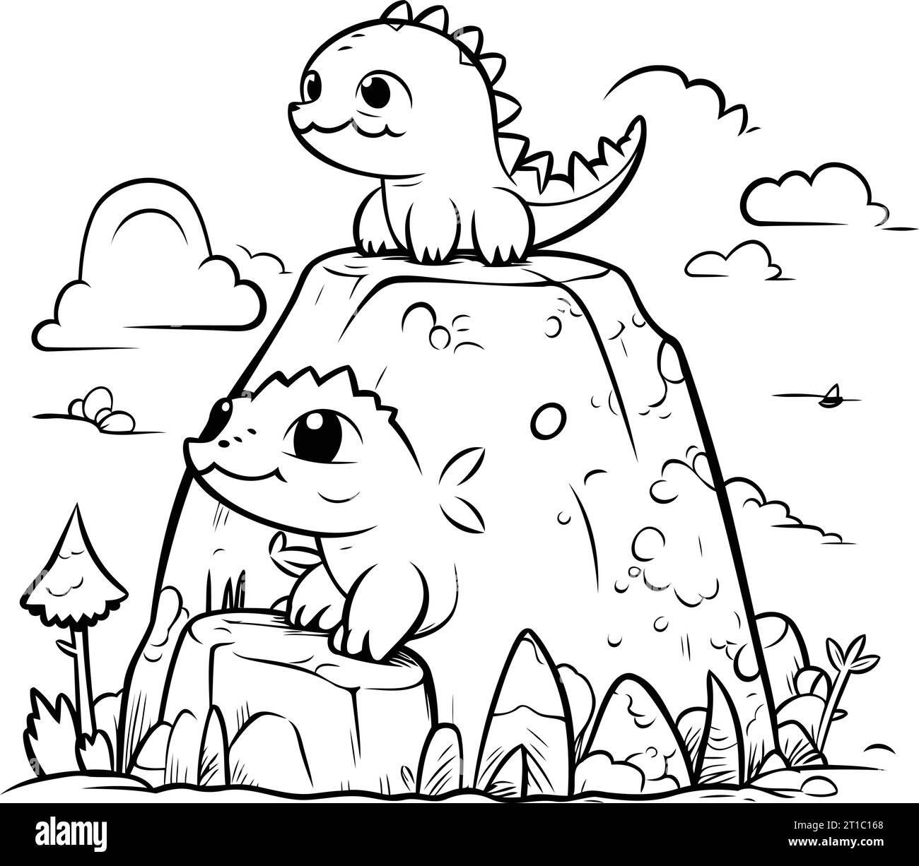 Vector illustration of Cartoon dinosaur on stone. Coloring book for ...
