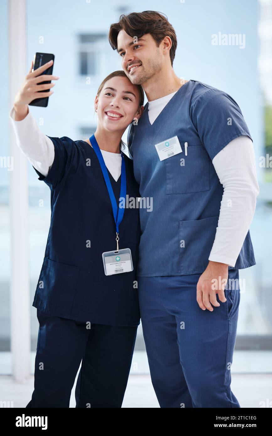 Happiness, people and selfie of team doctors, nurses or surgeon smile ...