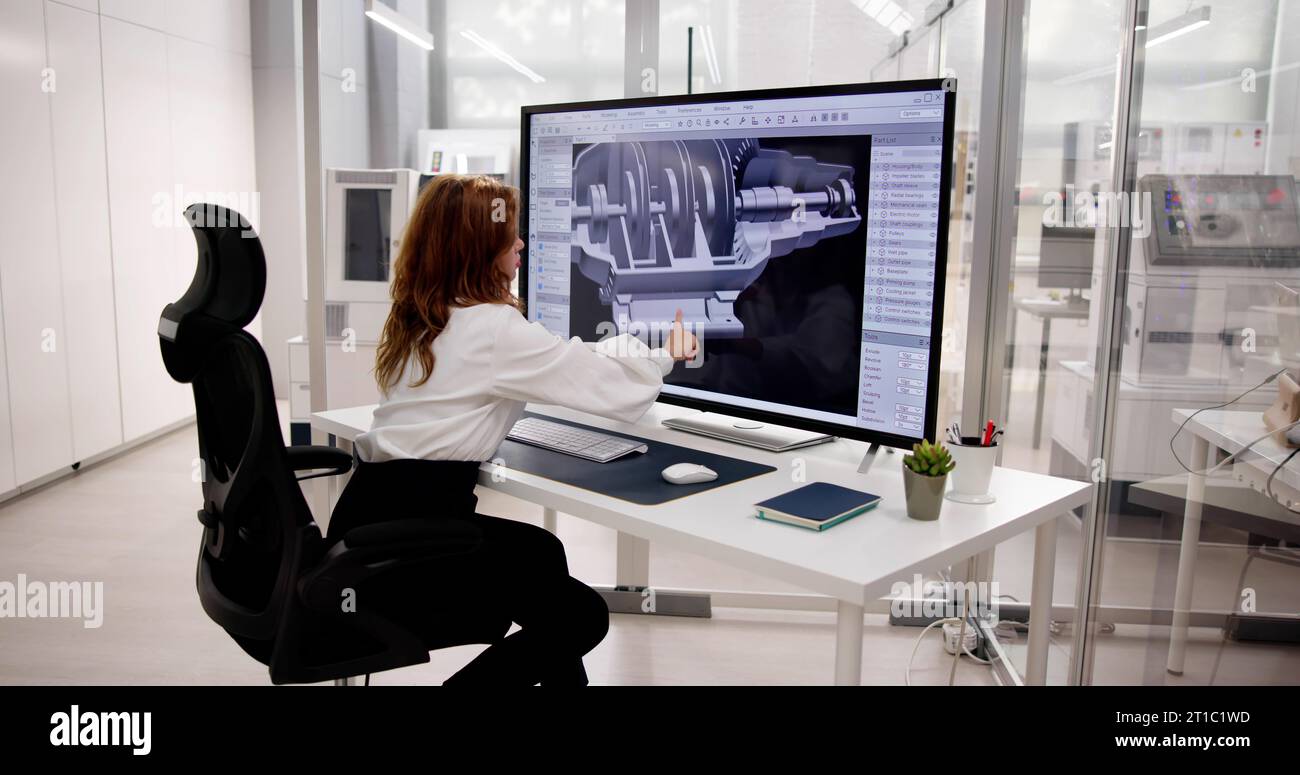 Engineer Doing 3D CAD Model Design On Computer At Factory Stock Photo ...