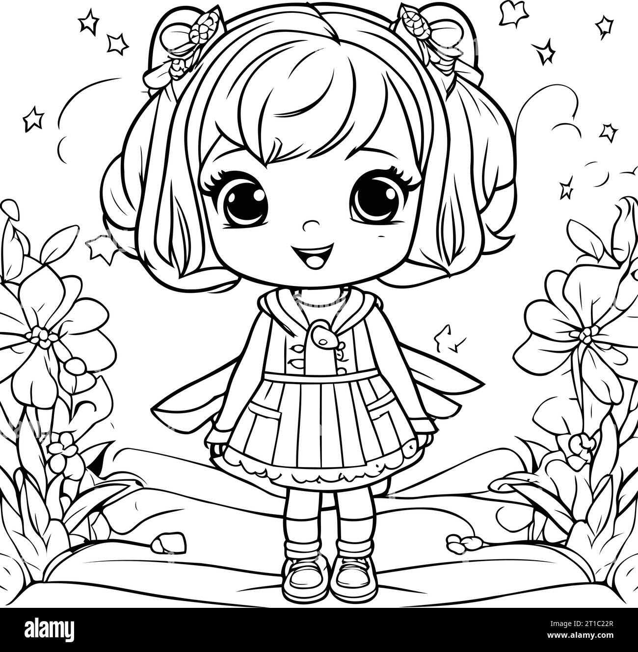 Cute little girl in the garden. Vector illustration for coloring book ...