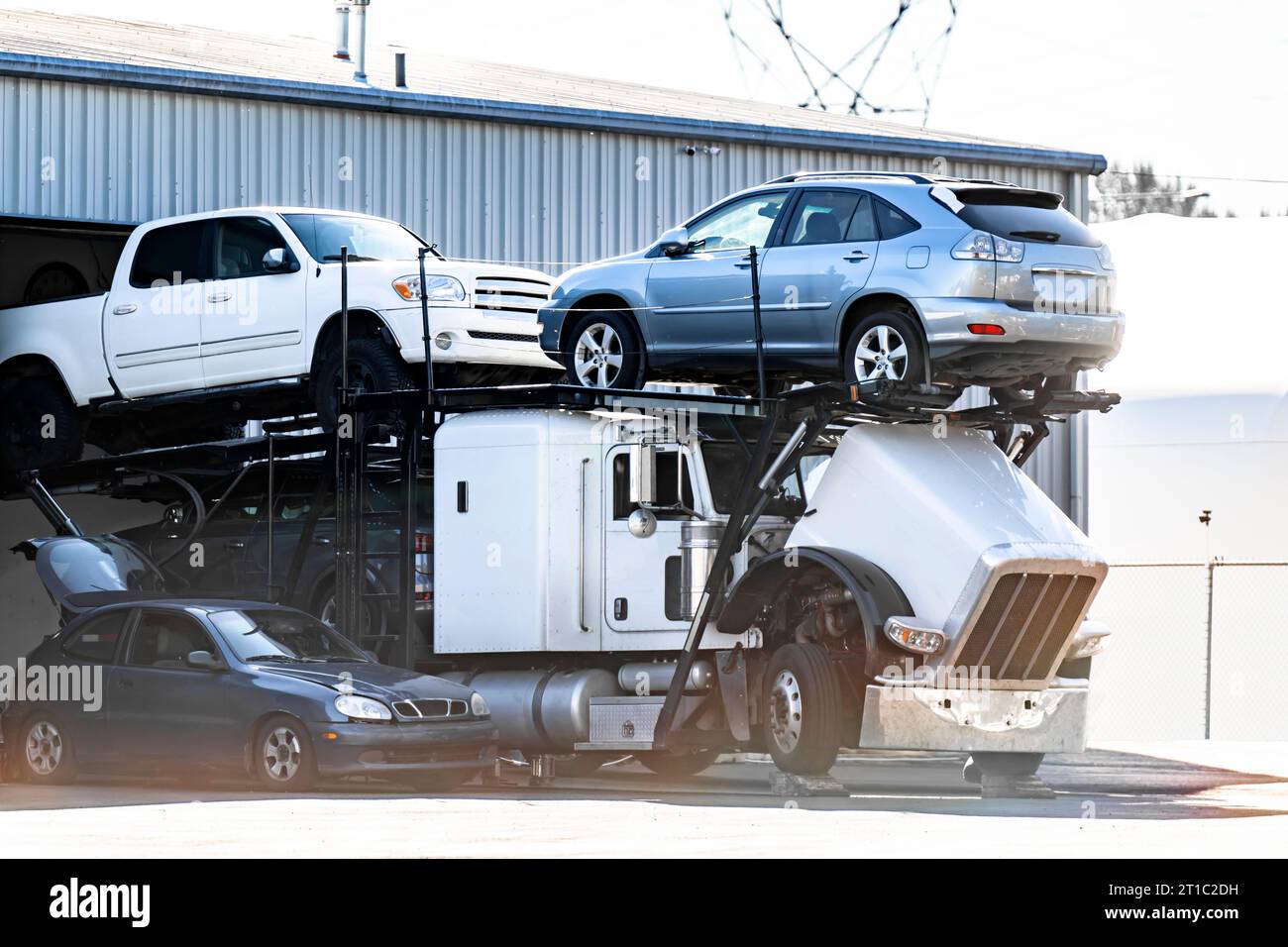 White industrial grade big rig car hauler semi truck tractor with ...