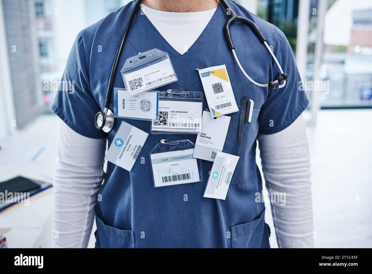 Hospital, doctor and man with name tag, healthcare and promotion with ...