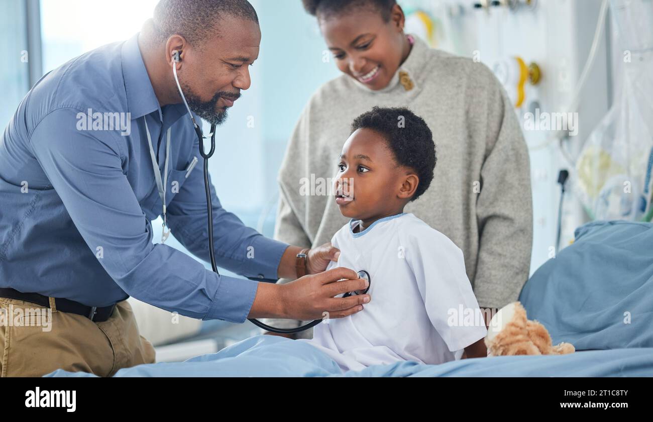 Pediatrician, mother or child breathing in hospital for medical help ...