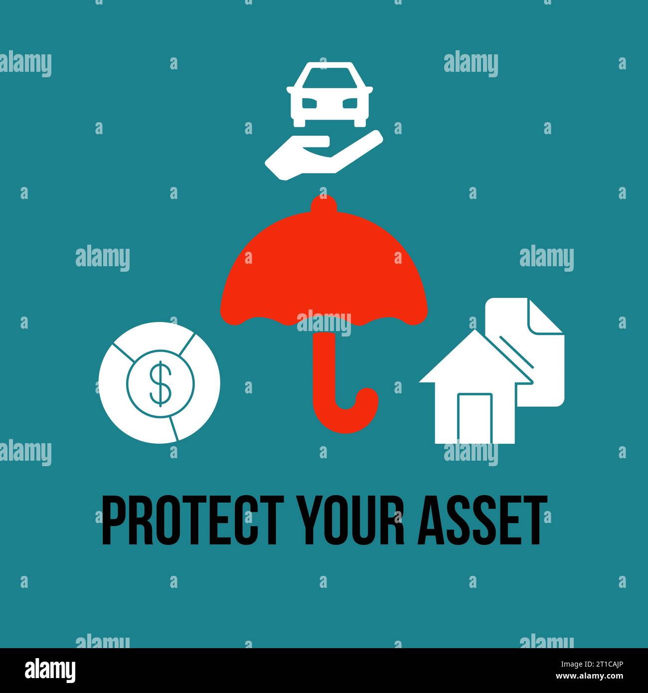 Illustration of simple icon red umbrella covered asset with text ...