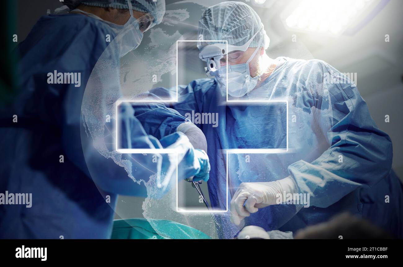 Surgery, people and global plus sign overlay for ICU emergency, wound ...