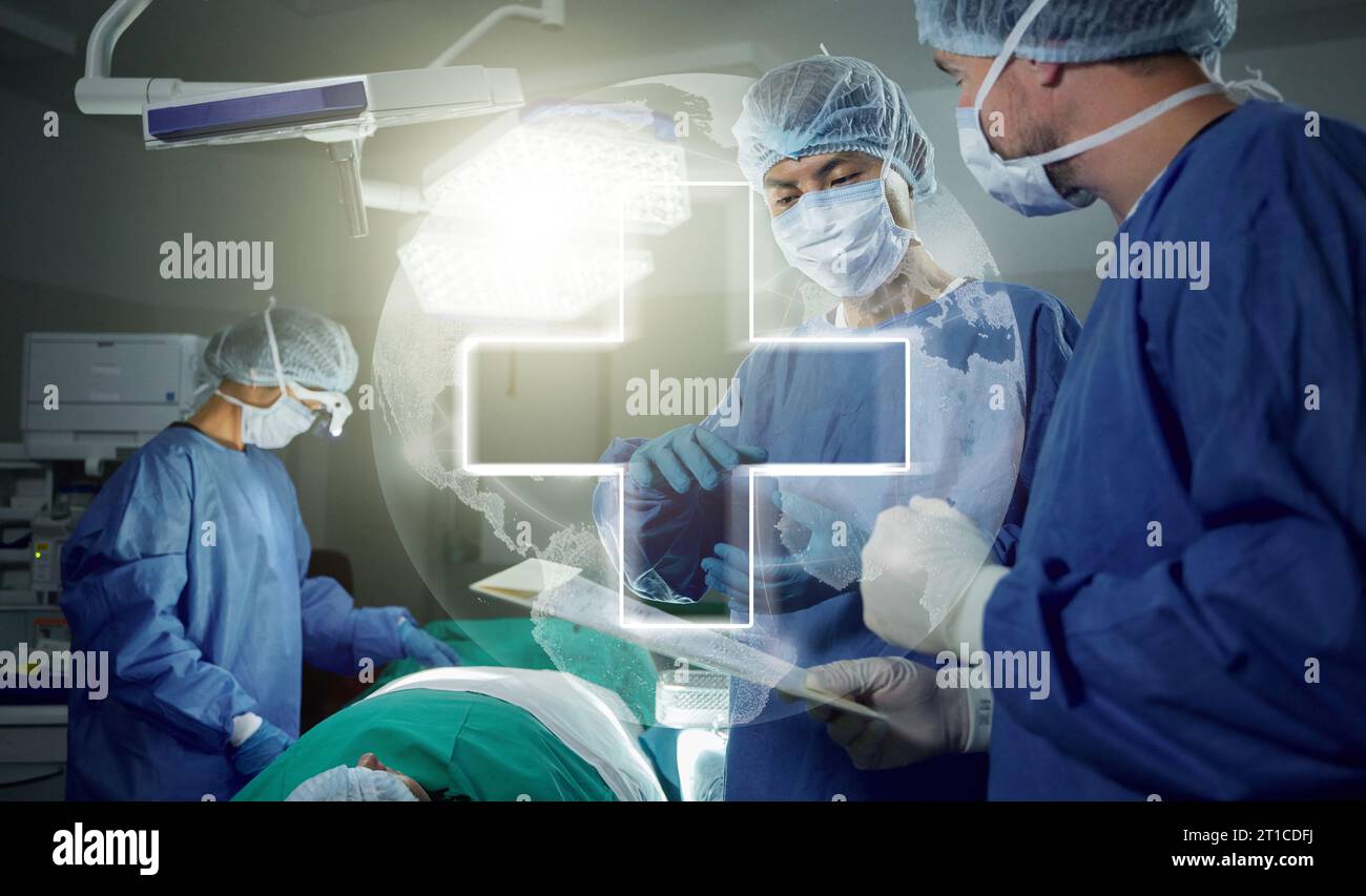 Surgery overlay, doctors and discussion on folder, hospital emergency ...
