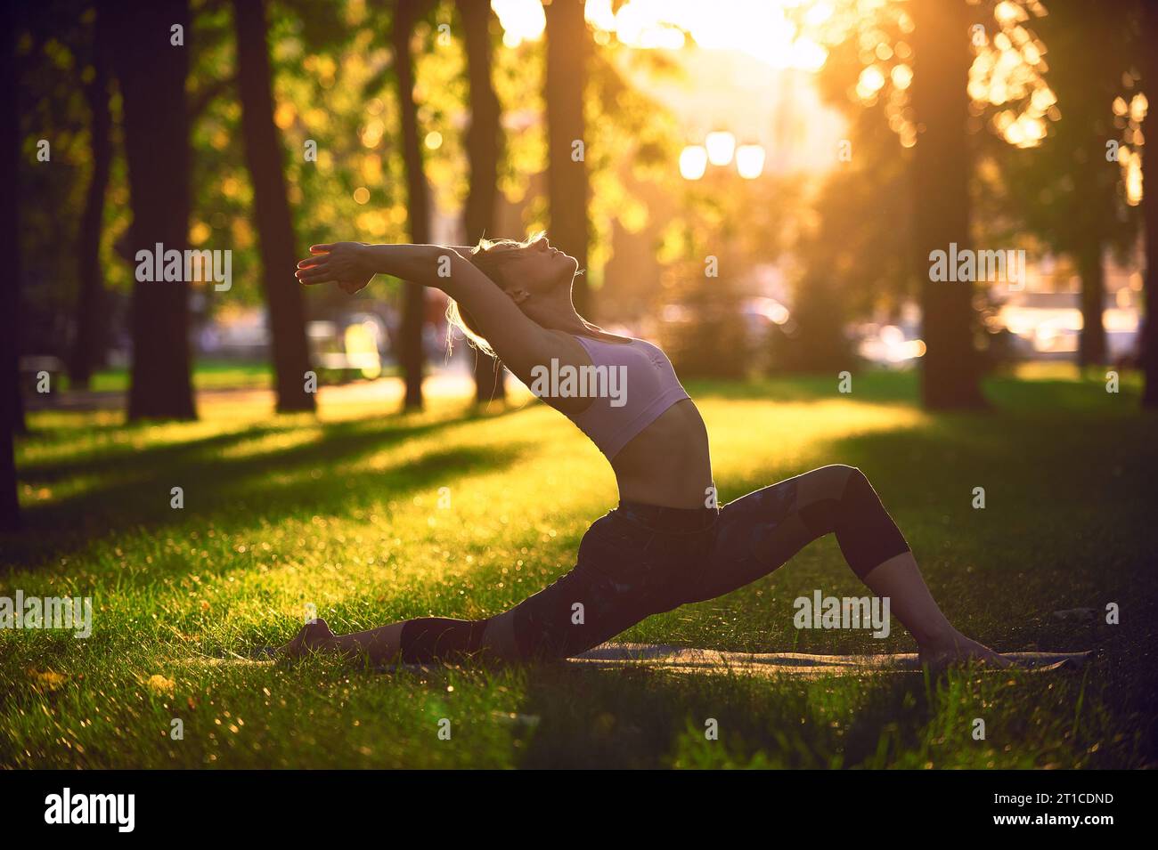 Beautiful sporty fit yogini woman practices yoga asana Virabhadrasana 1 ...