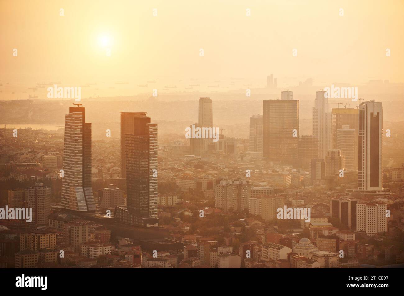 Aerial view of the Istanbul city downtown with skyscrapers at sunset ...