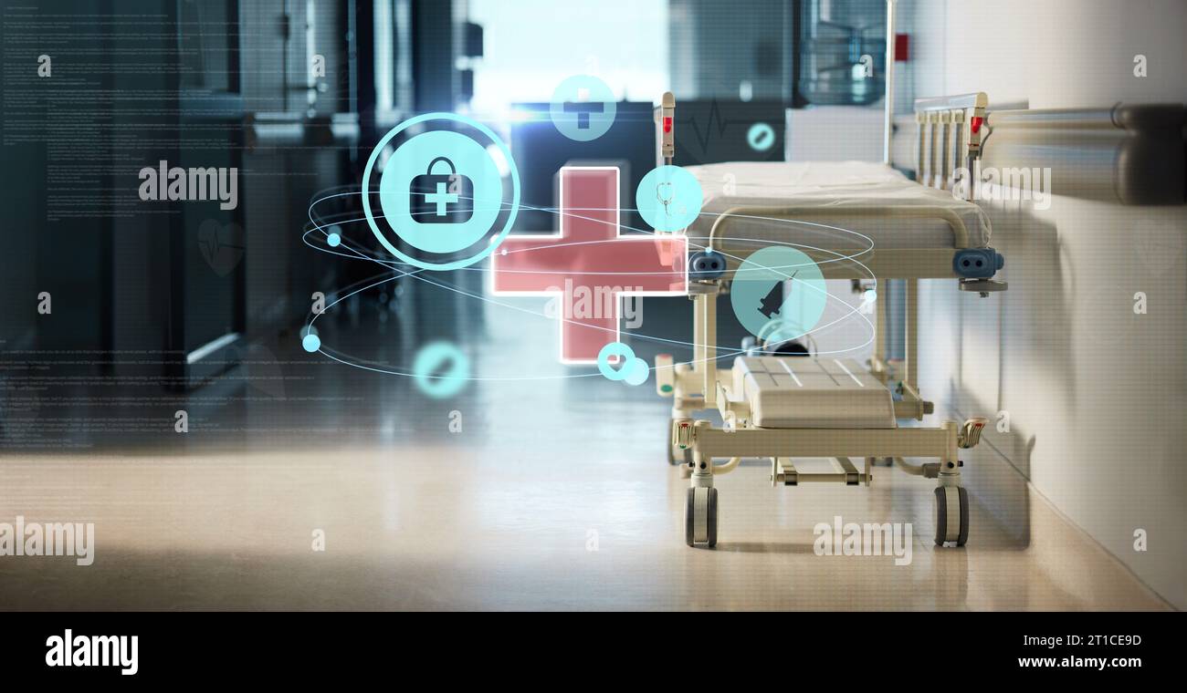 Healthcare, hologram and medical icon in a hospital after work, ready ...
