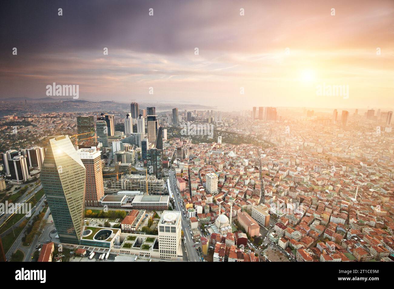 Aerial view of the Istanbul city downtown with skyscrapers at sunset ...
