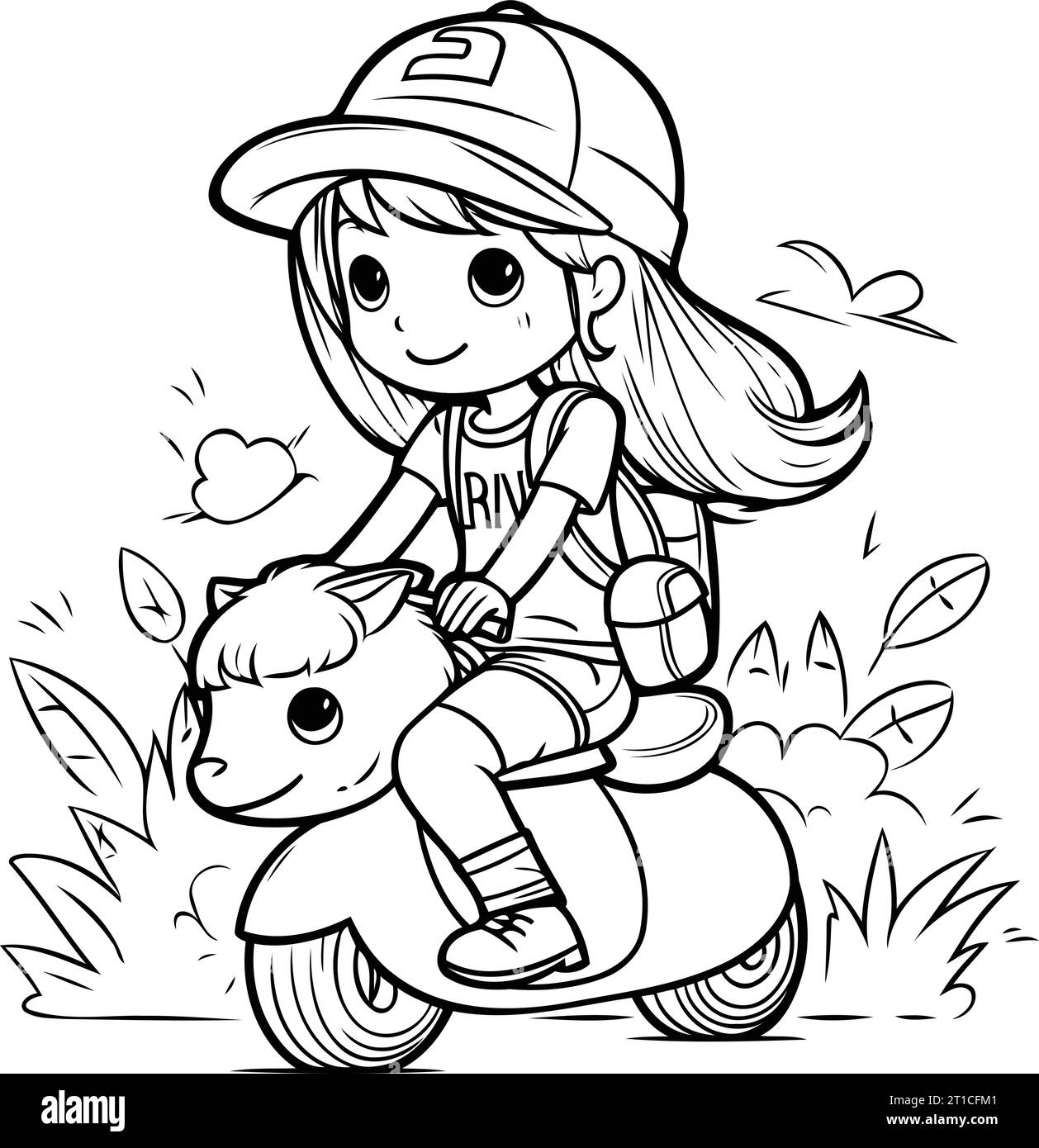 Coloring Page Outline Of a Little Girl Riding a Scooter Stock Vector ...