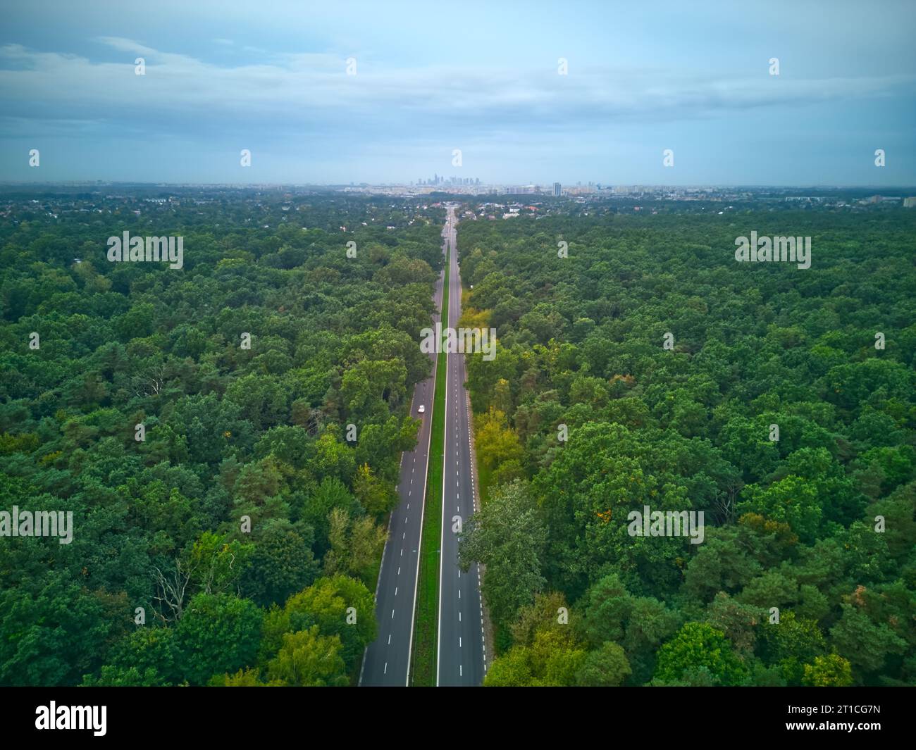 Aerial view of the empty road to the capital city of Poland, Warsaw ...
