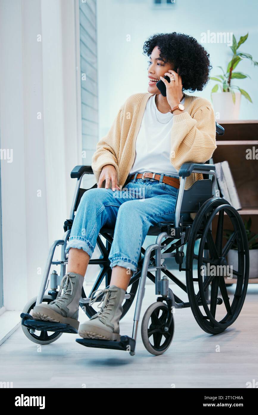 Phone call, wheelchair and happy woman talking in home, chat and ...