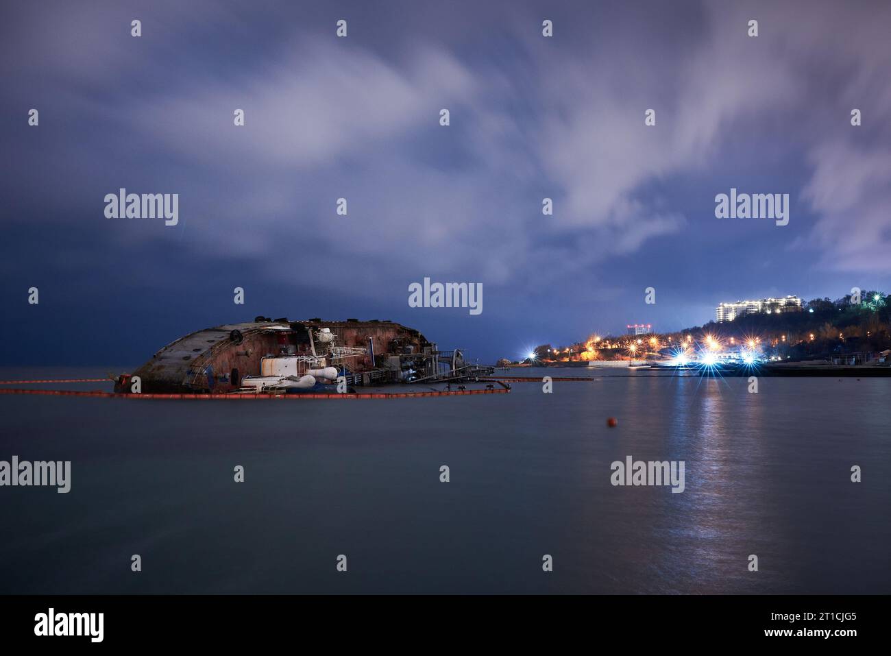 wrecked ship tanker on a silent sea at night. Long exposure photo Stock ...