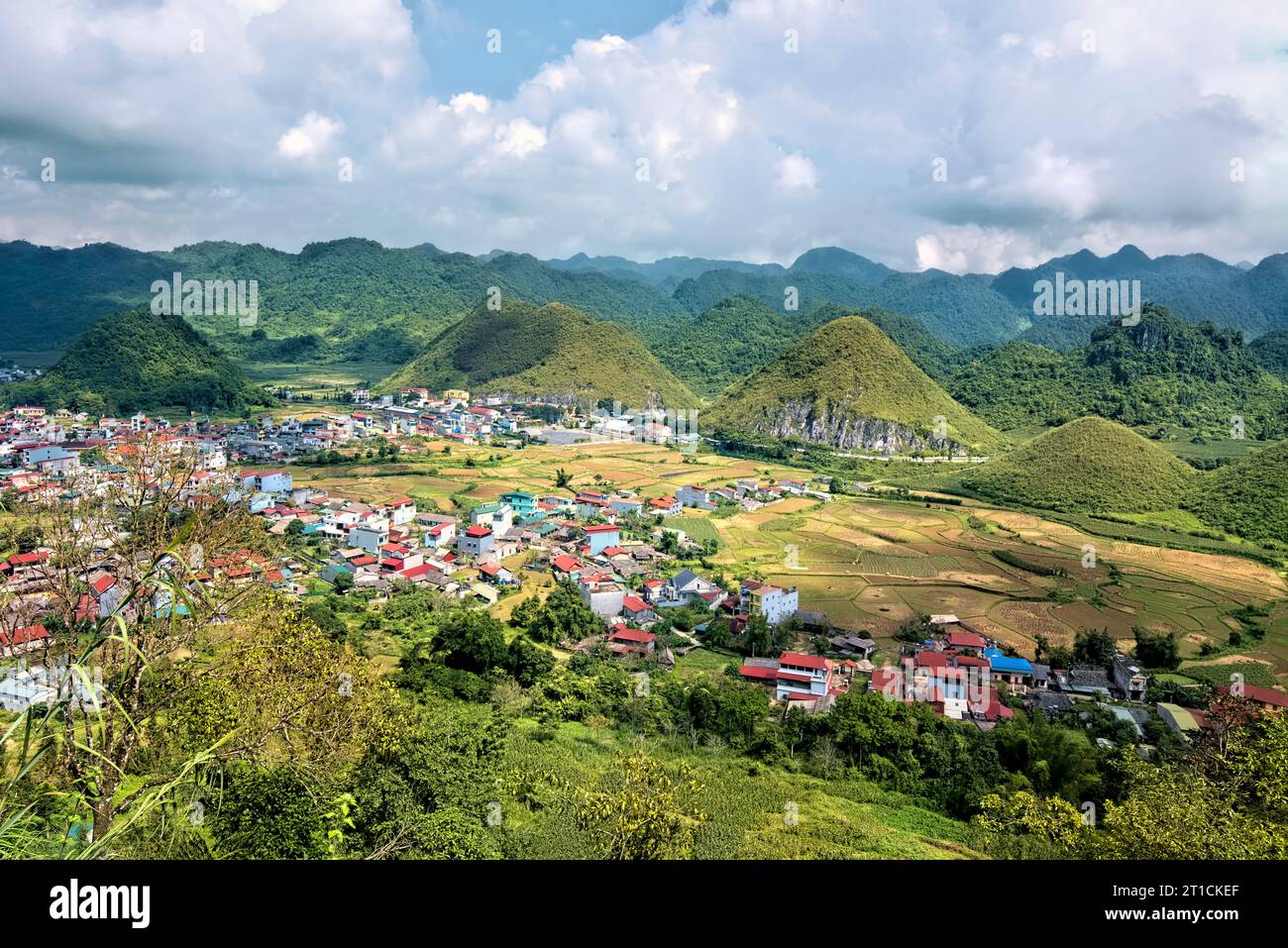 View of the Twin Mountains and limestone karst plateau from Quan Ba ...
