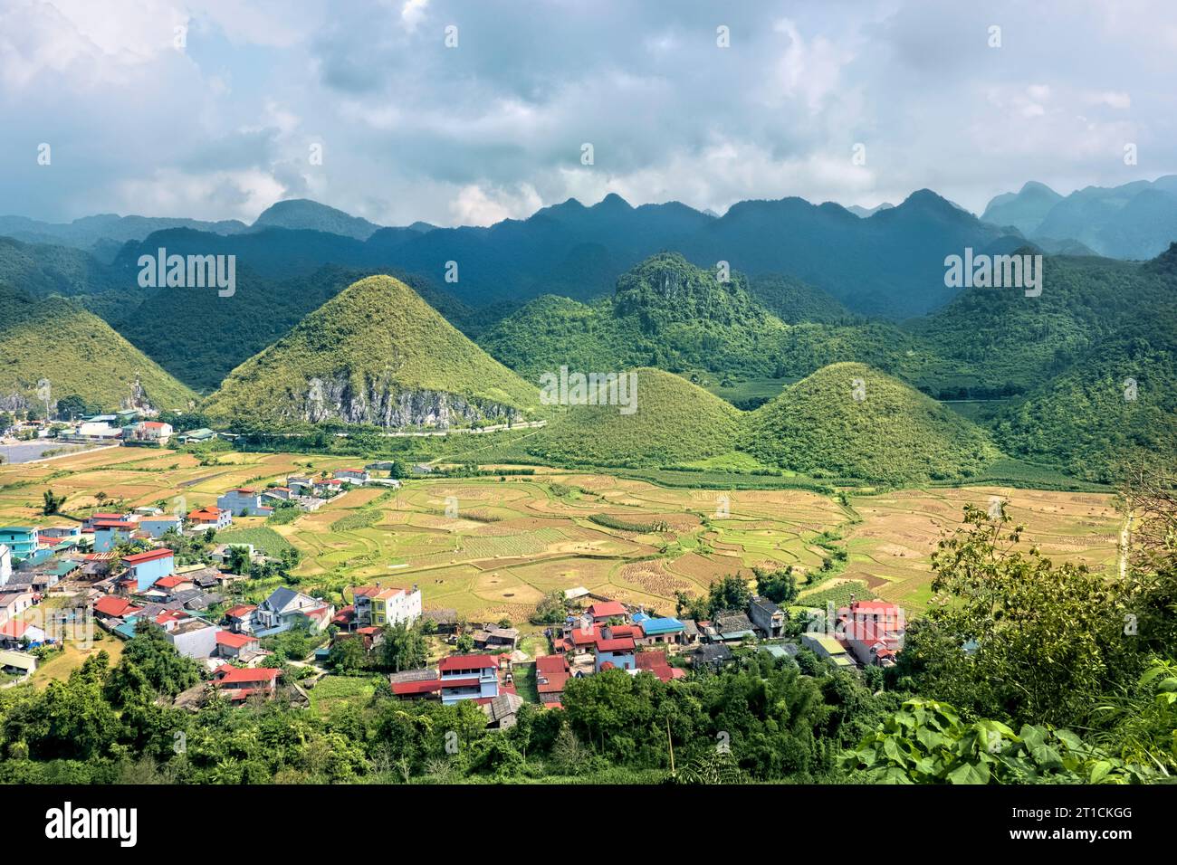 View of the Twin Mountains and limestone karst plateau from Quan Ba ...