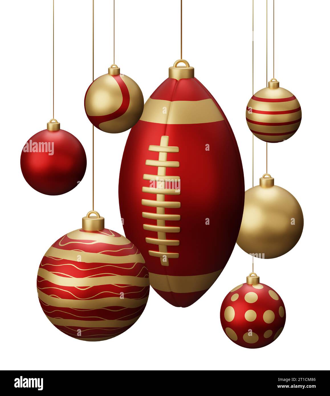 Red and Gold rugby Hanging Christmas Balls. 3d render illustration ...