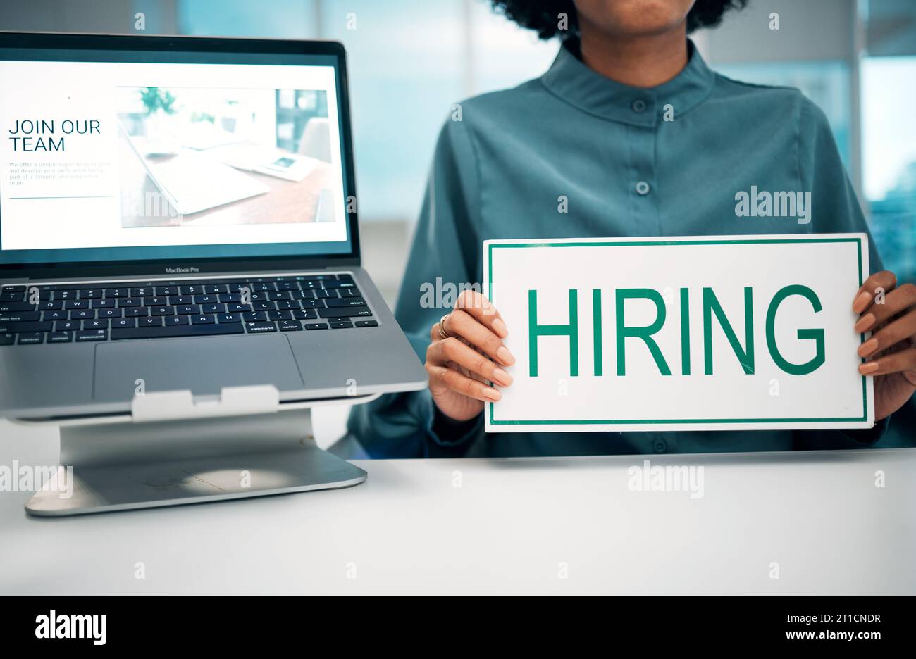 Person with hiring sign, laptop and human resources with offer ...